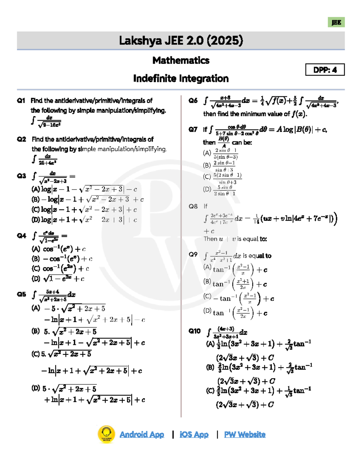 Indefinite Integration DPP 04 (of Lec 05) Lakshya JEE 2.0 2025 - JEE Lakshya JEE 2 (2025) - Studocu