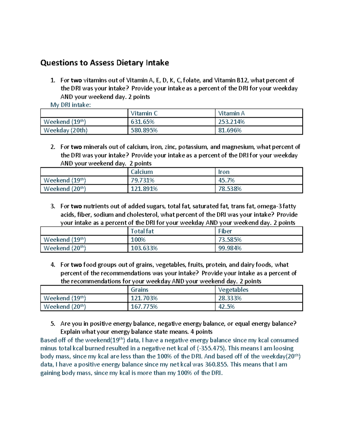 NFS dietary project questions - Questions to Assess Dietary Intake For ...