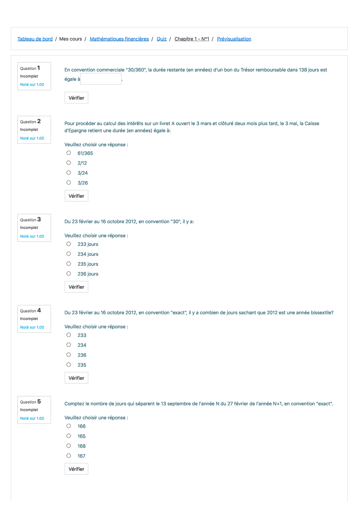 Quiz - N°1 - quiz pas trop dur - / Tableau de bord / Mes cours / Mathématiques financières ...