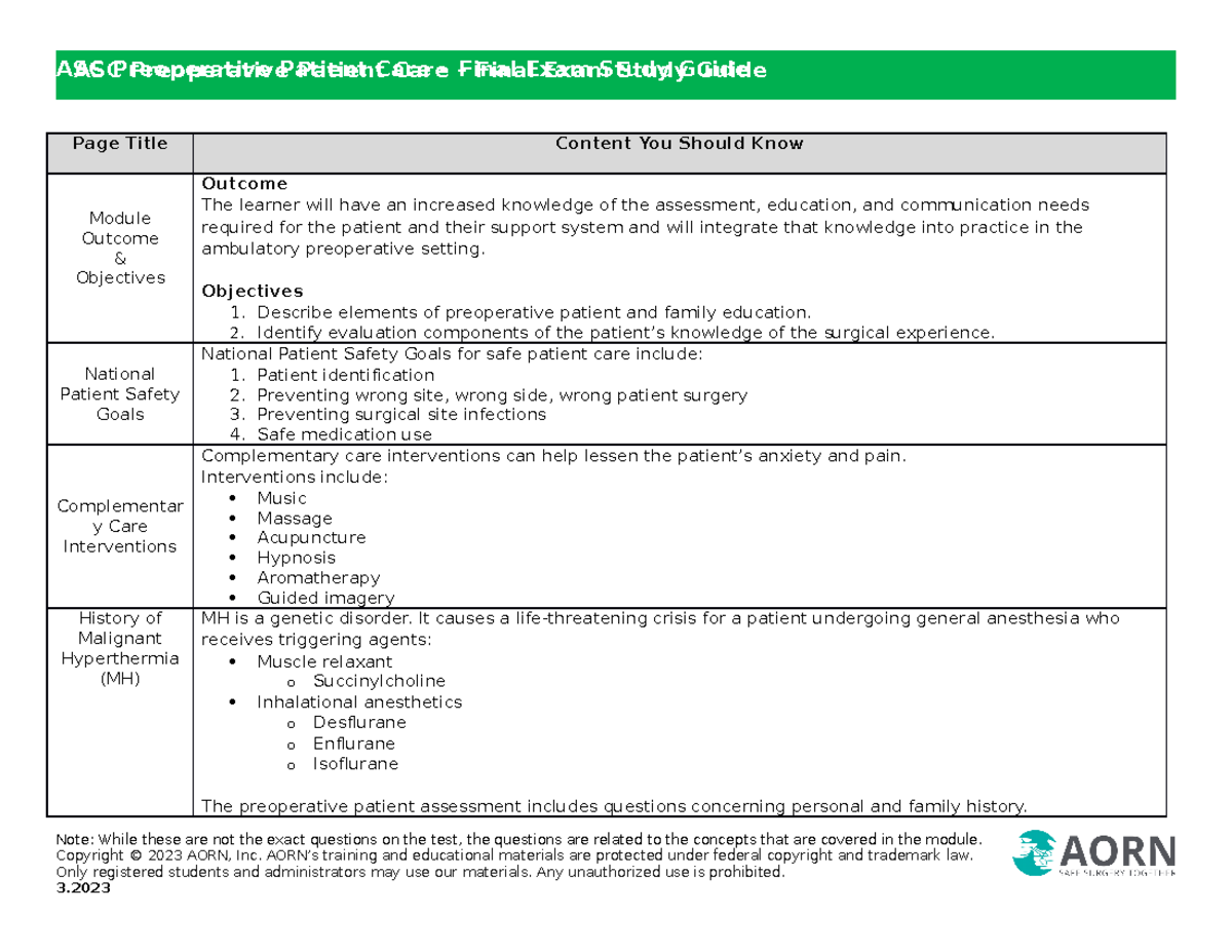 Study Guide ASC Preoperative Patient Care - Page Title Content You ...