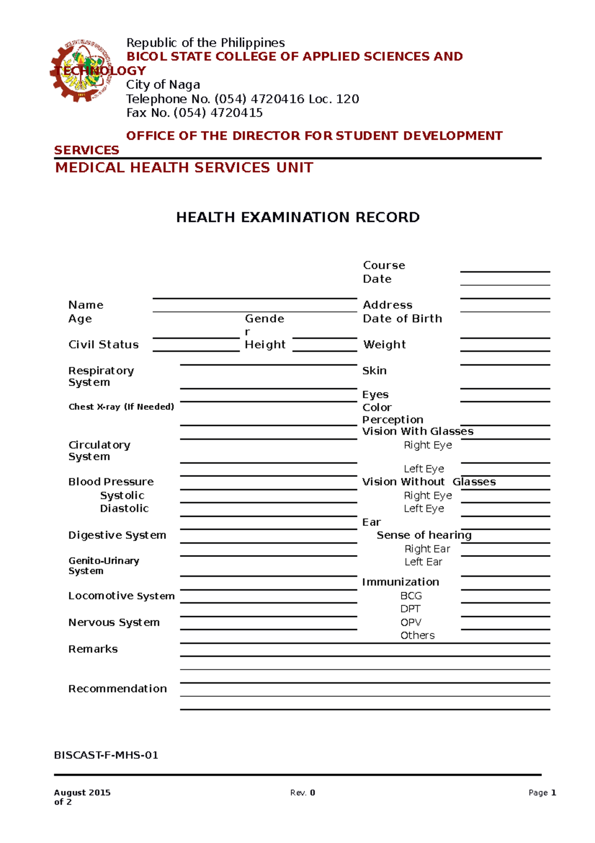 Form 1 Medical Form Back to back - Republic of the Philippines BICOL ...