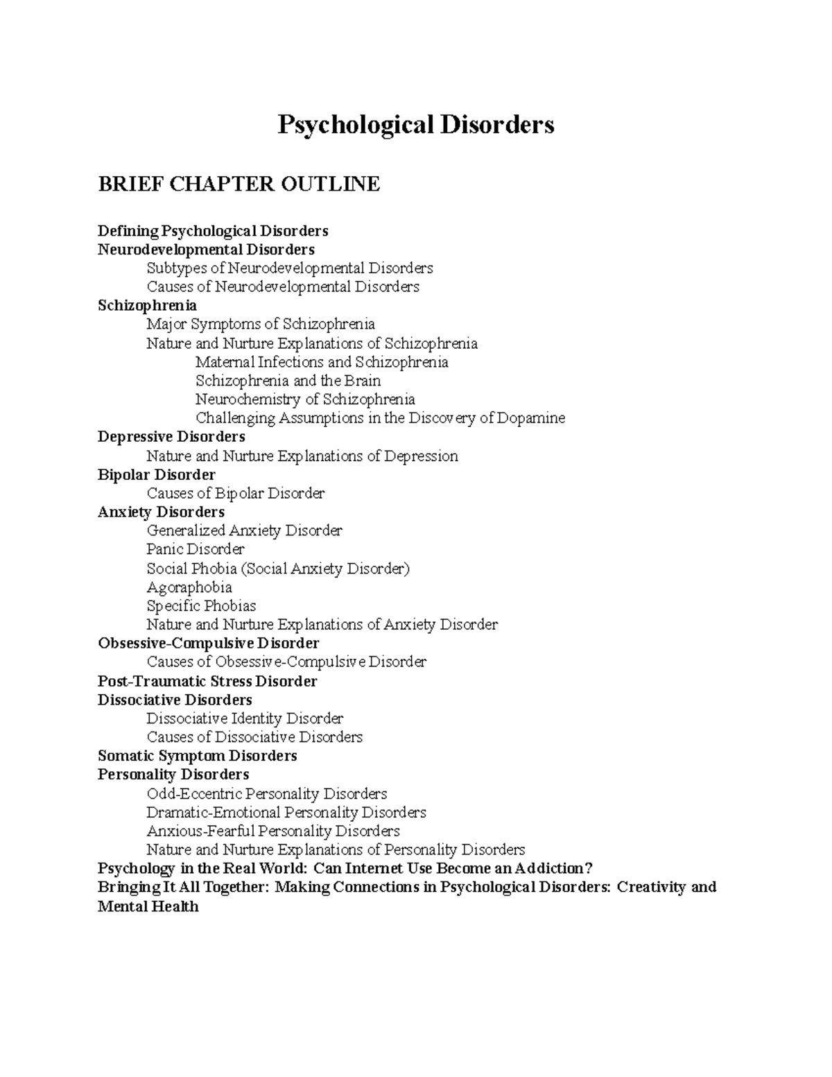 Disorders - Outline - Psychological Disorders BRIEF CHAPTER OUTLINE ...