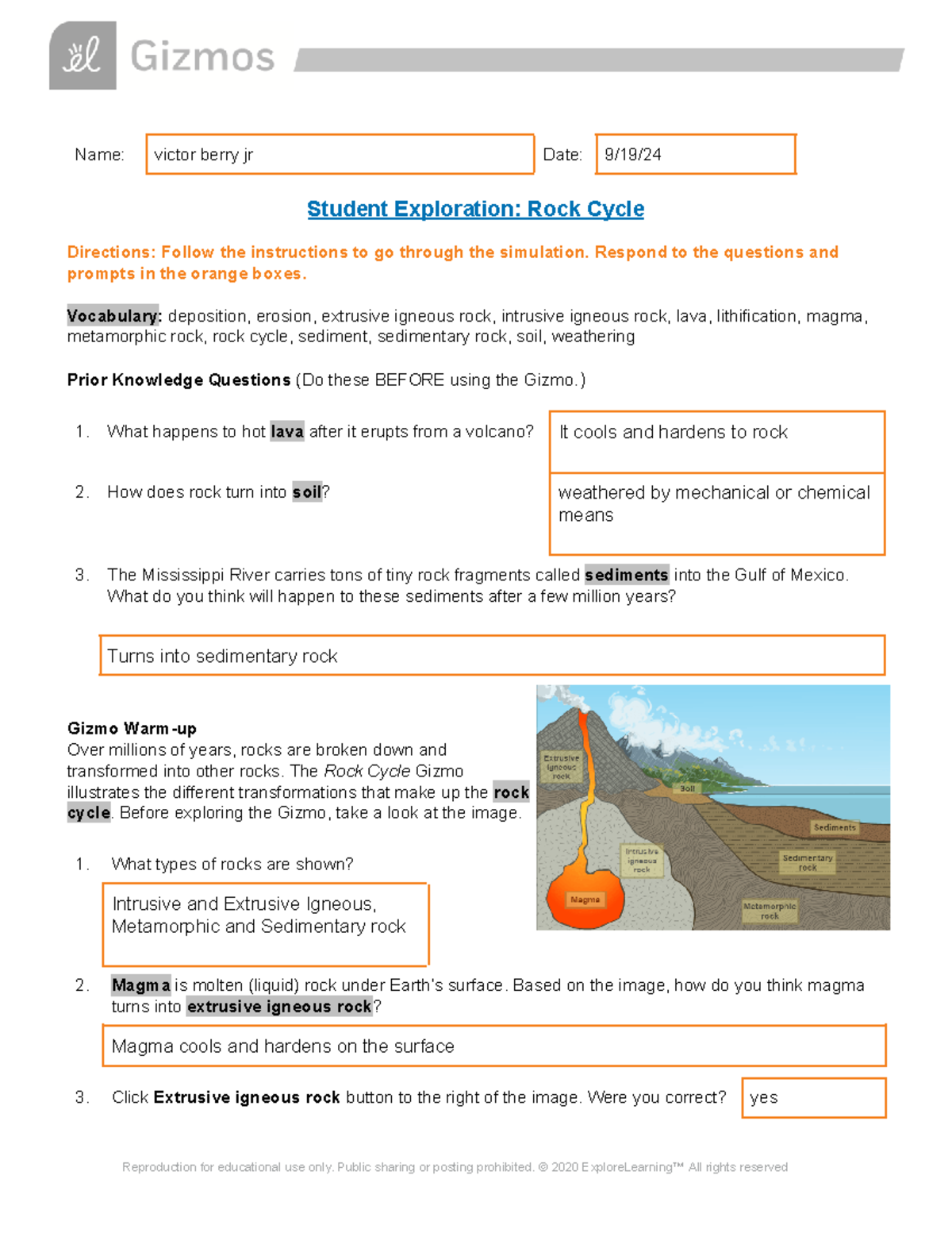 Copy of 1. Gizmo Rock Cycle SE - Name: victor berry jr Date: 9/19 ...