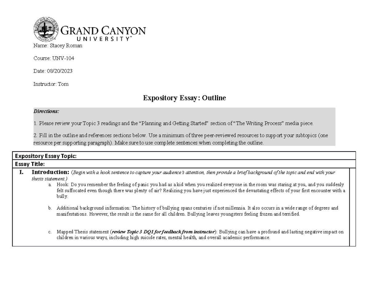 UNV 104 RS T3 Expository Essay Outline - UNV-104 - GCU - Studocu