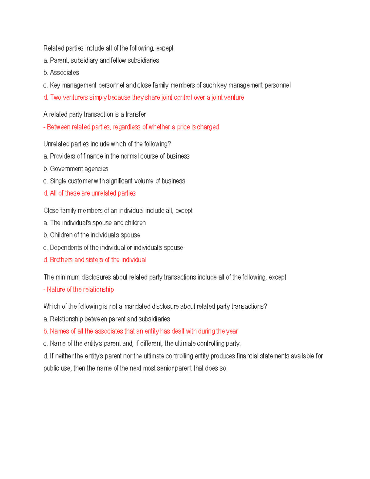 Related Parties Practice test with Answer key - Related parties include ...