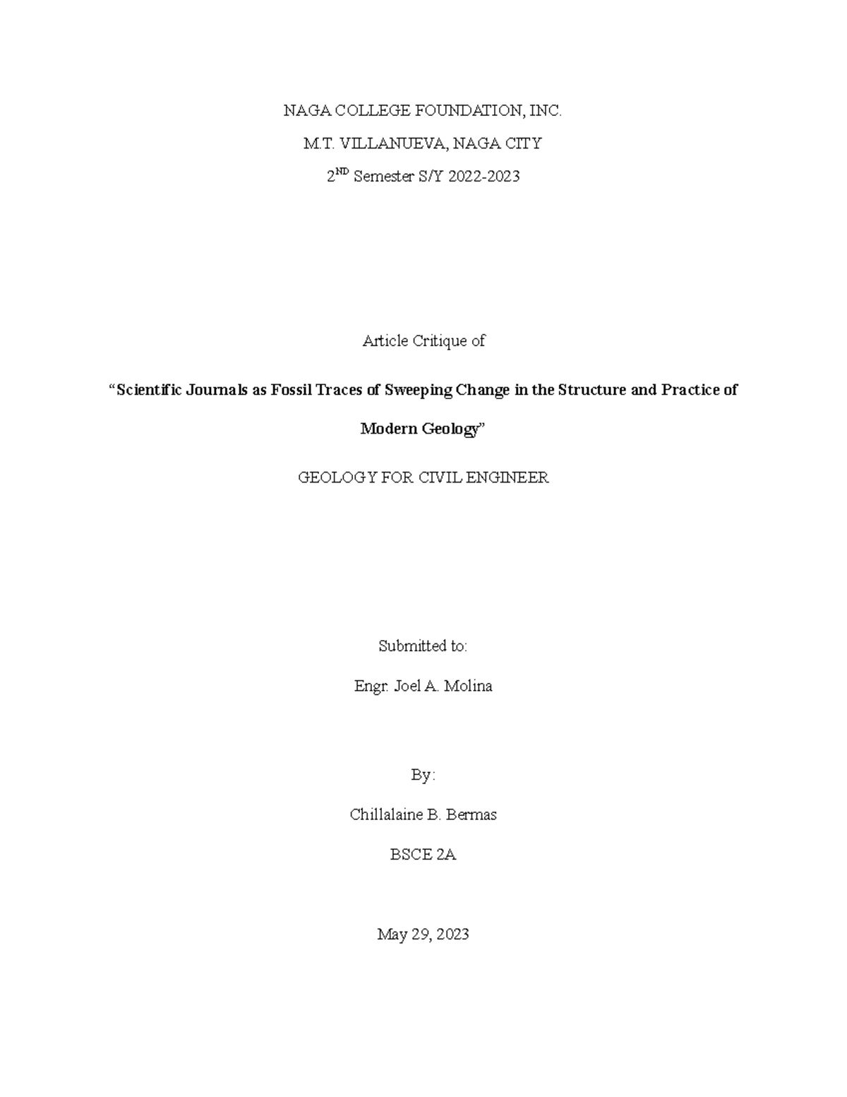 Critique Paper - NAGA COLLEGE FOUNDATION, INC. M. VILLANUEVA, NAGA CITY ...