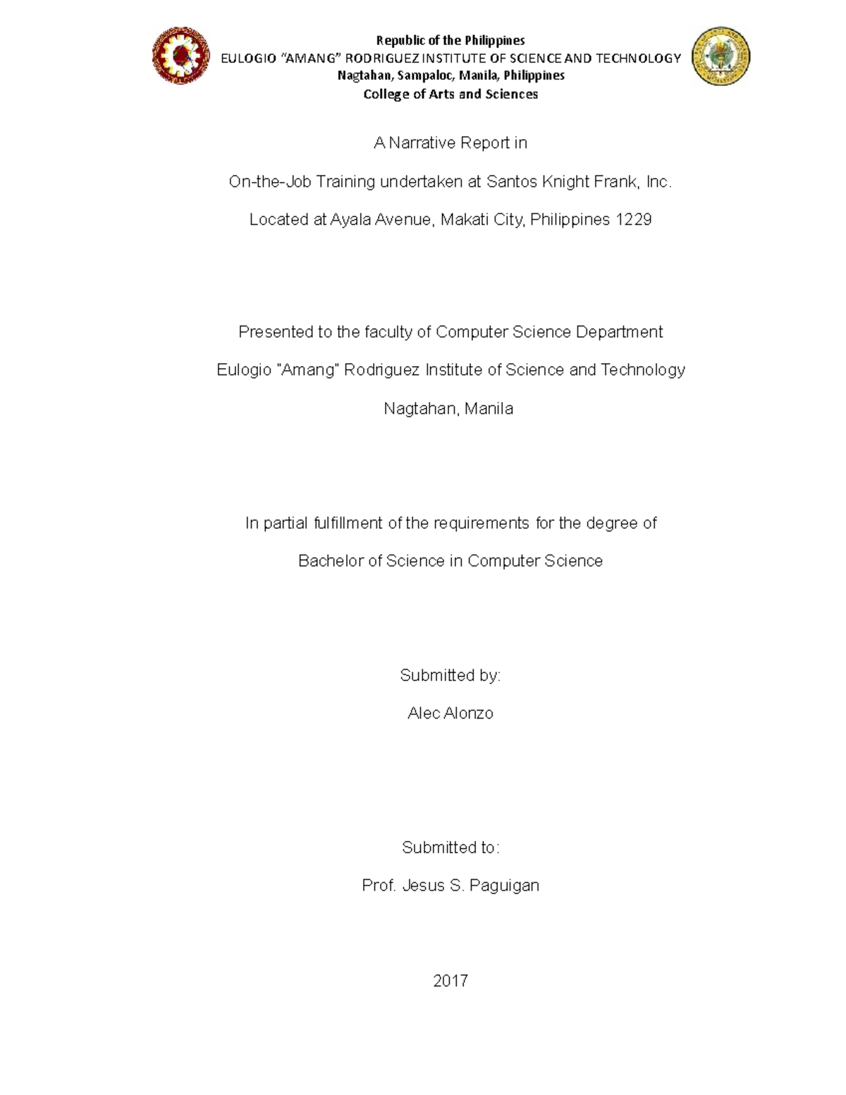 OJT Narrative Report - Practicum osych - EULOGIO “AMANG” RODRIGUEZ ...