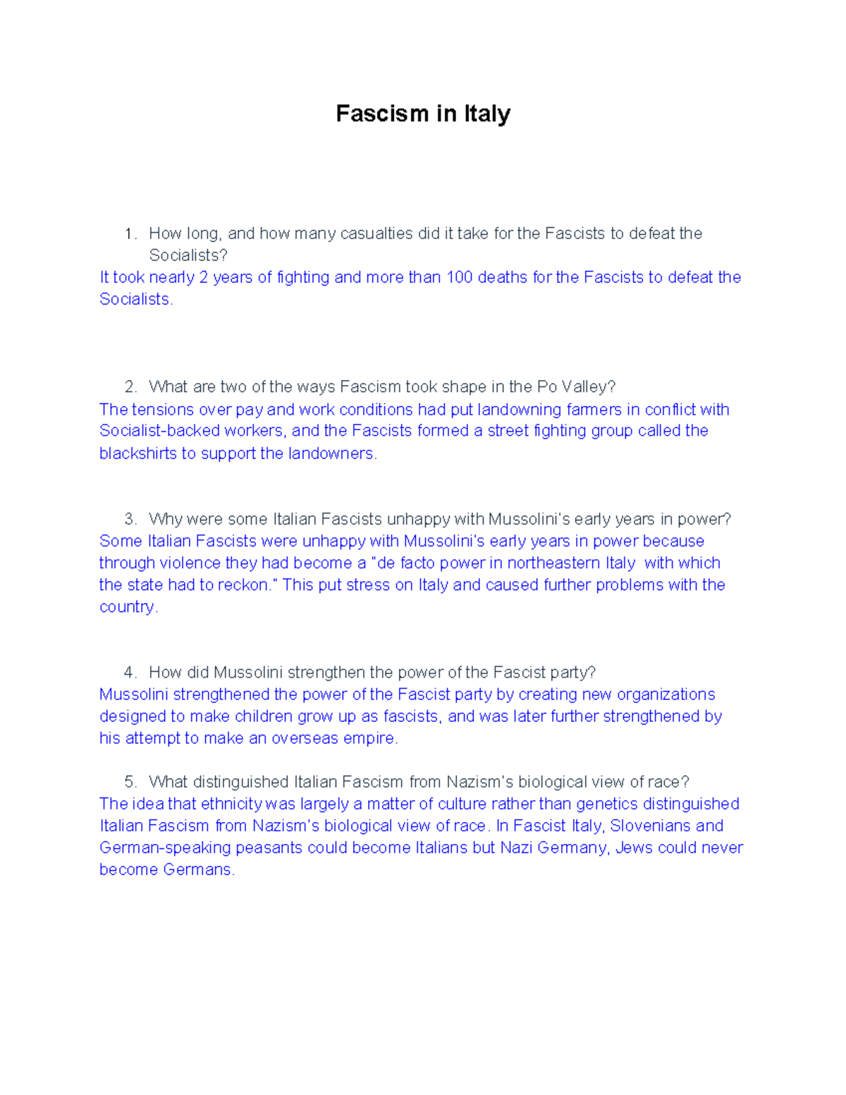 Fascism in Italy - facsim - Fascism in Italy 1. How long, and how many ...