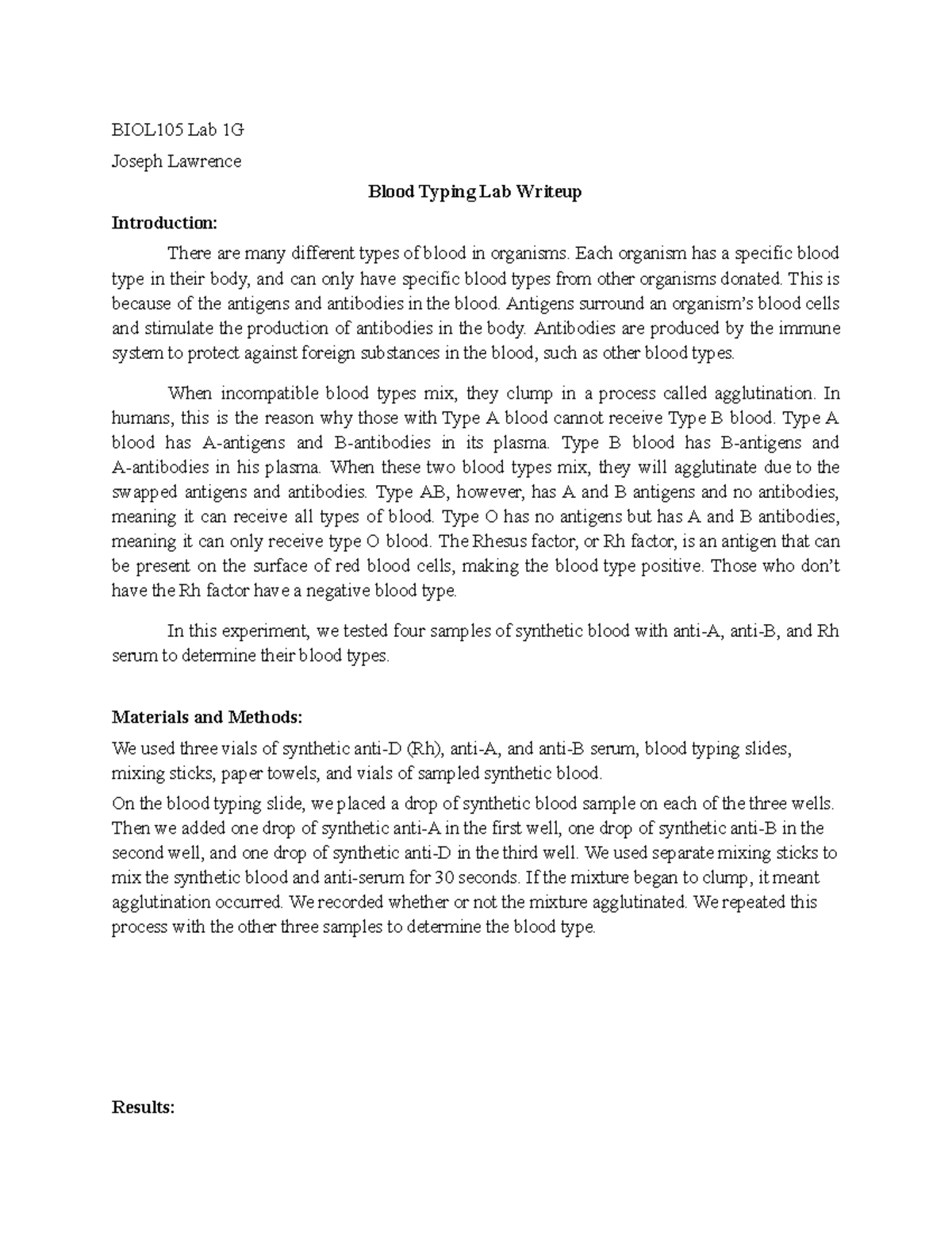 Blood Typing Writeup - BIOL105 Lab 1G Joseph Lawrence Blood Typing Lab ...