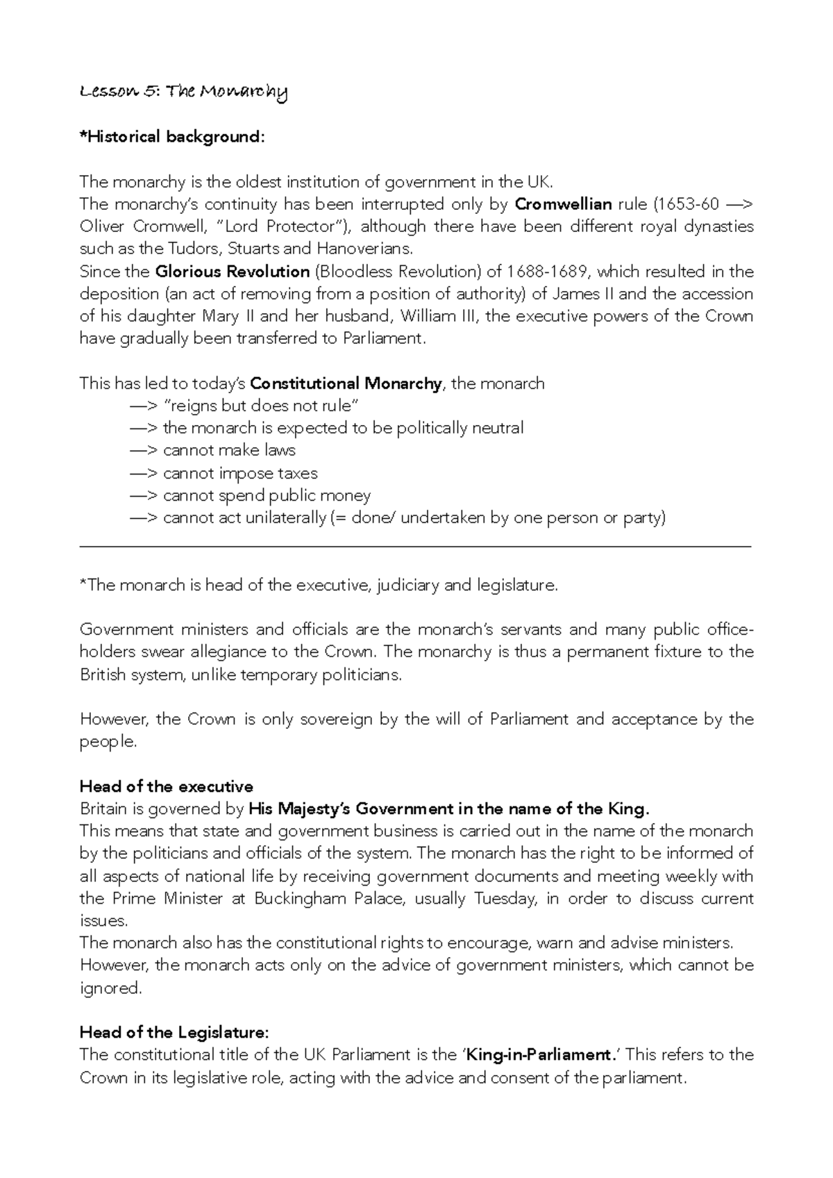 Lesson 5 - The Monarchy (2023) - Lesson 5: The Monarchy *Historical ...