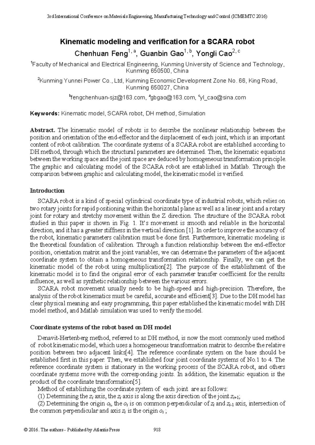 25852282 - NAAA - Kinematic modeling and verification for a SCARA robot Chenhuan Feng 1, a ...