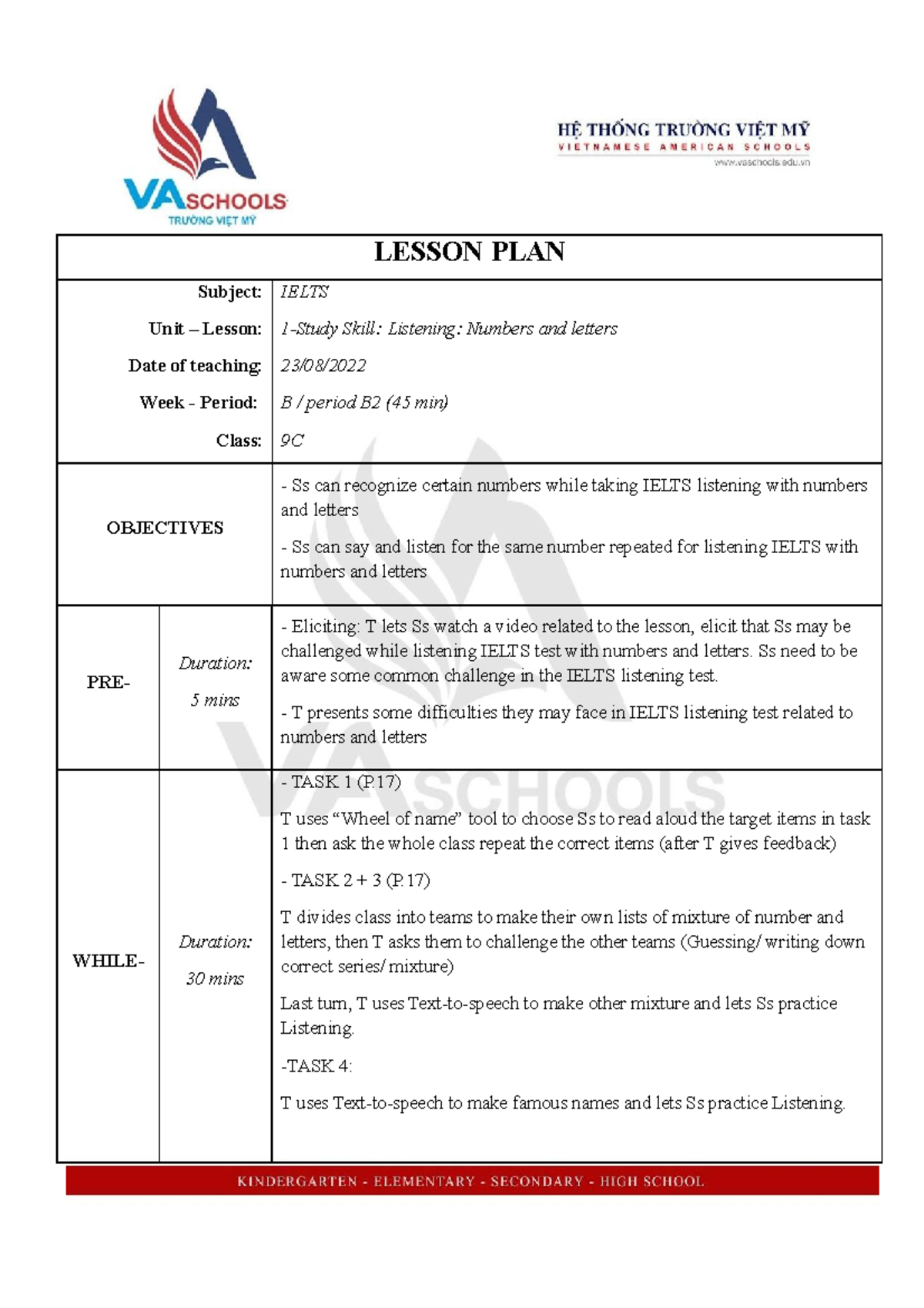 Hung ielts 9 wb pb3 - LESSON PLAN Subject: Unit – Lesson: Date of ...