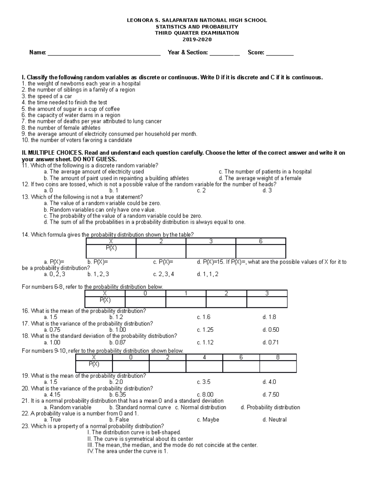 Exam Stat Prob - LEONORA S. SALAPANTAN NATIONAL HIGH SCHOOL STATISTICS ...