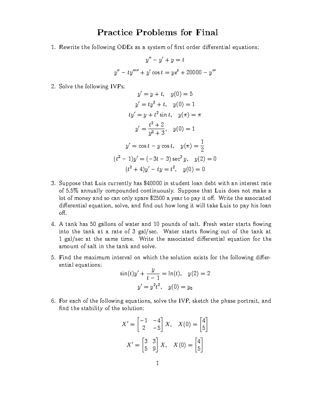 Diff Eq Final Review - Practice Problems for Final Rewrite the ...