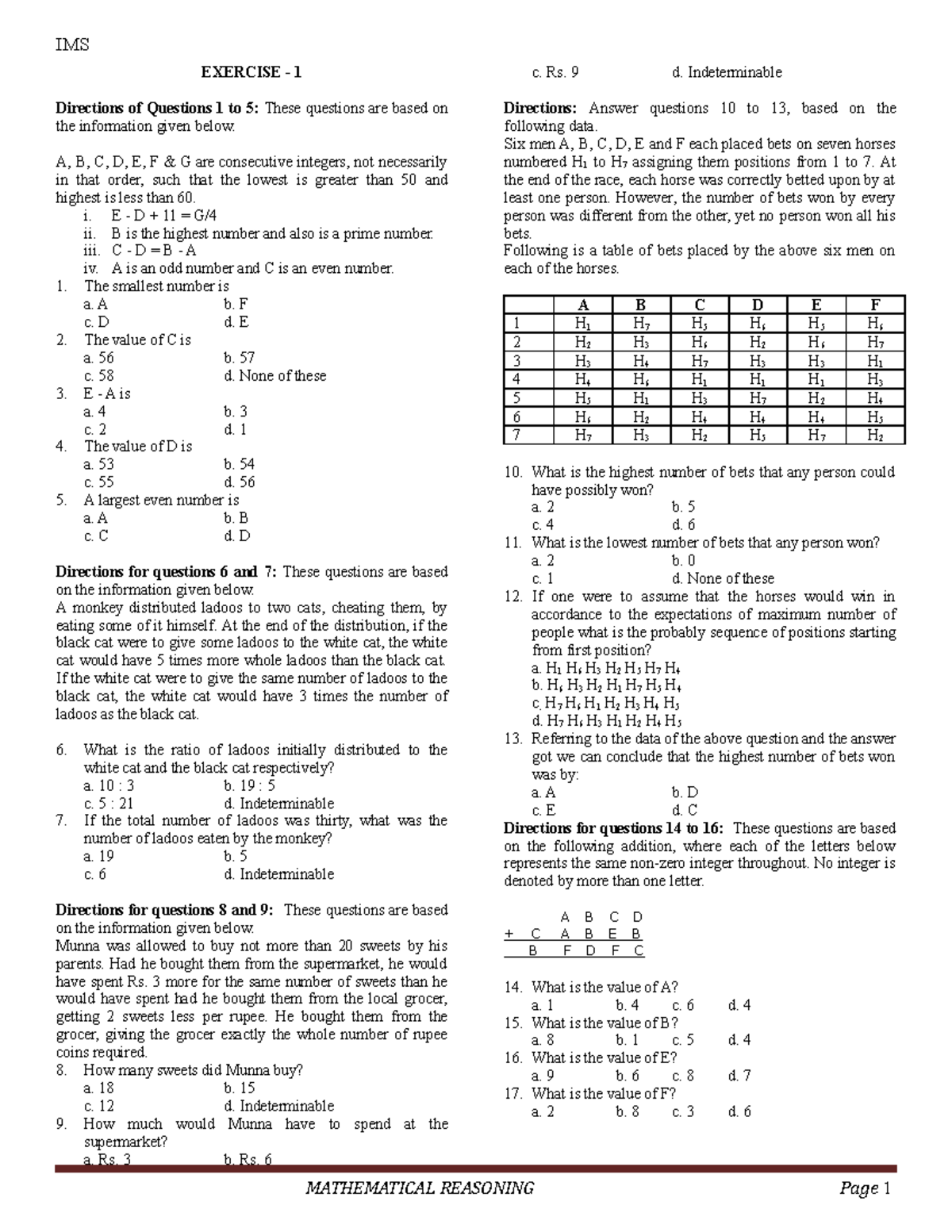 Topic 7 Mathematical Reasoning - EXERCISE - 1 Directions of Questions 1 ...