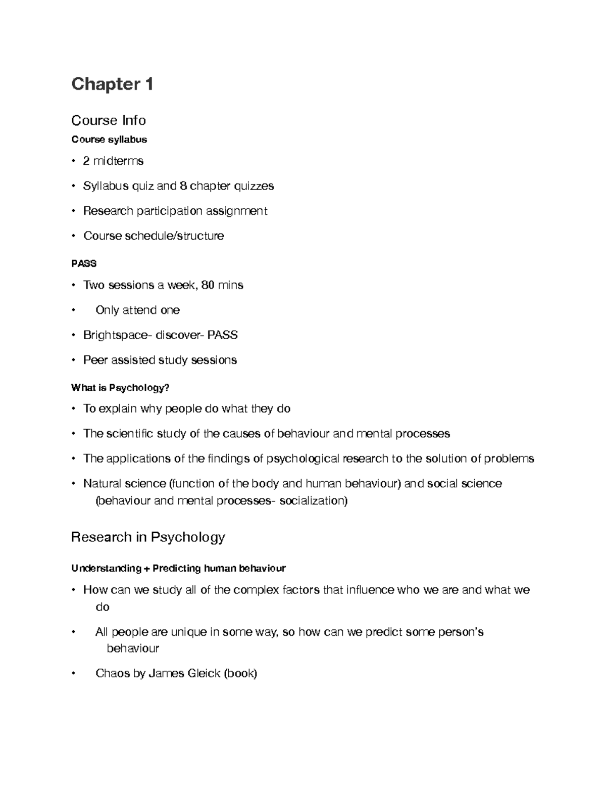 PSYC1001 Chapter 1 - Chapter 1 Course Info Course syllabus 2 midterms Syllabus quiz and 8 ...