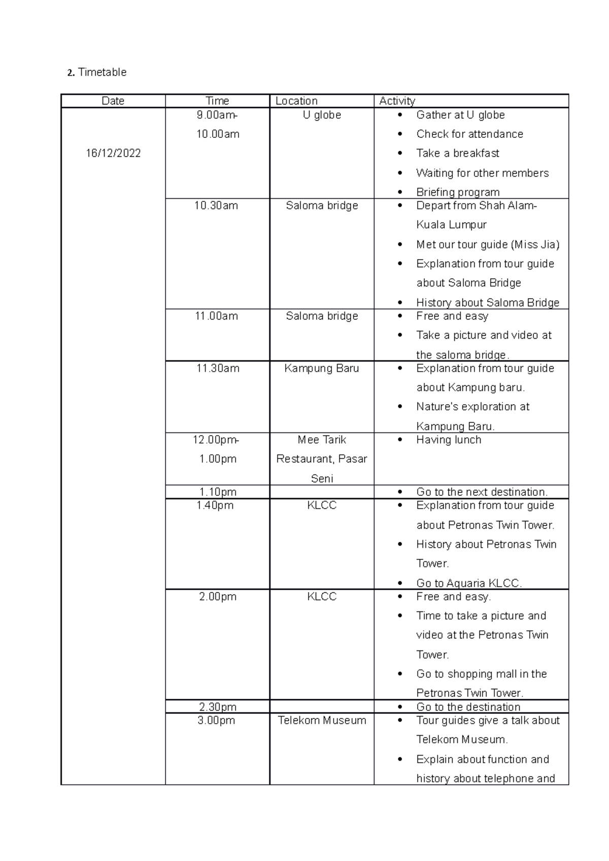 Intro AND Conclusion - follow - Timetable Date Time Location Activity ...