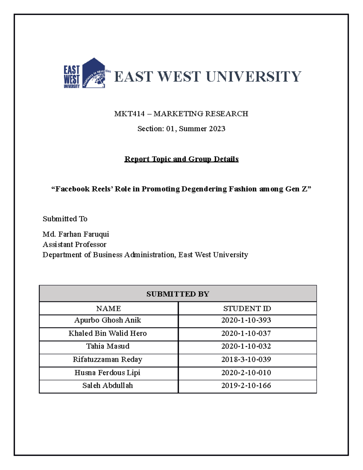 Abstract - Research - MKT414 – MARKETING RESEARCH Section: 01, Summer ...