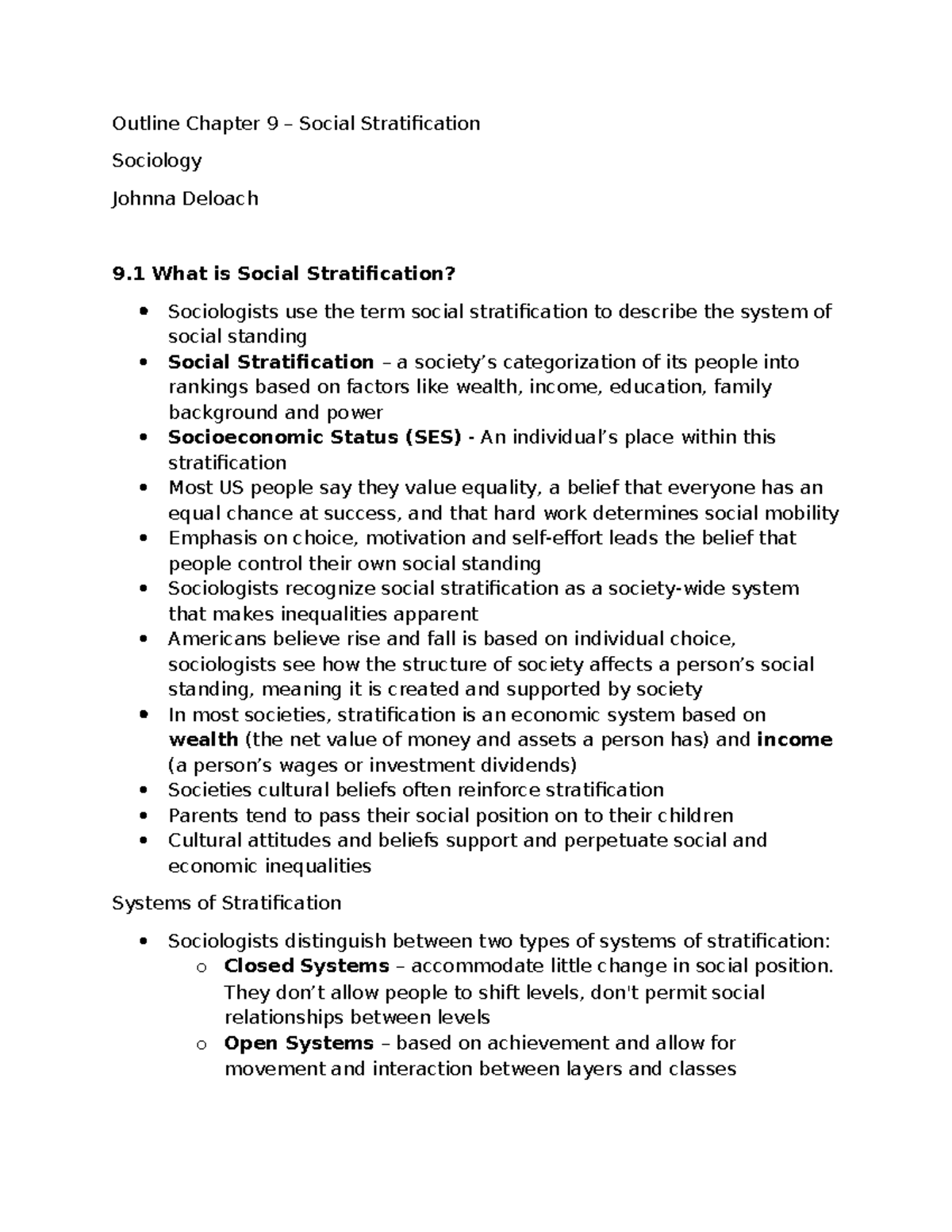 Outline Chapter 9 – Social Stratification - Outline Chapter 9 – Social ...