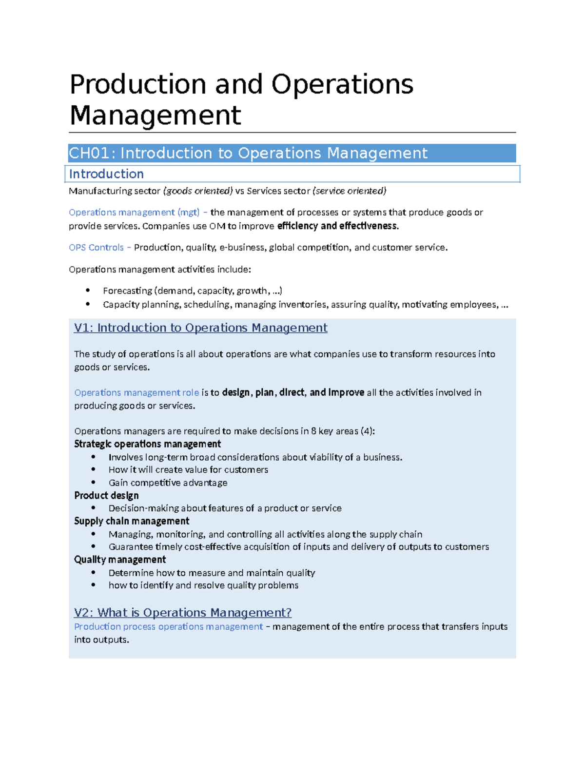 COMM225 Notes Midterm 1 - Production and Operations Management CH01 ...