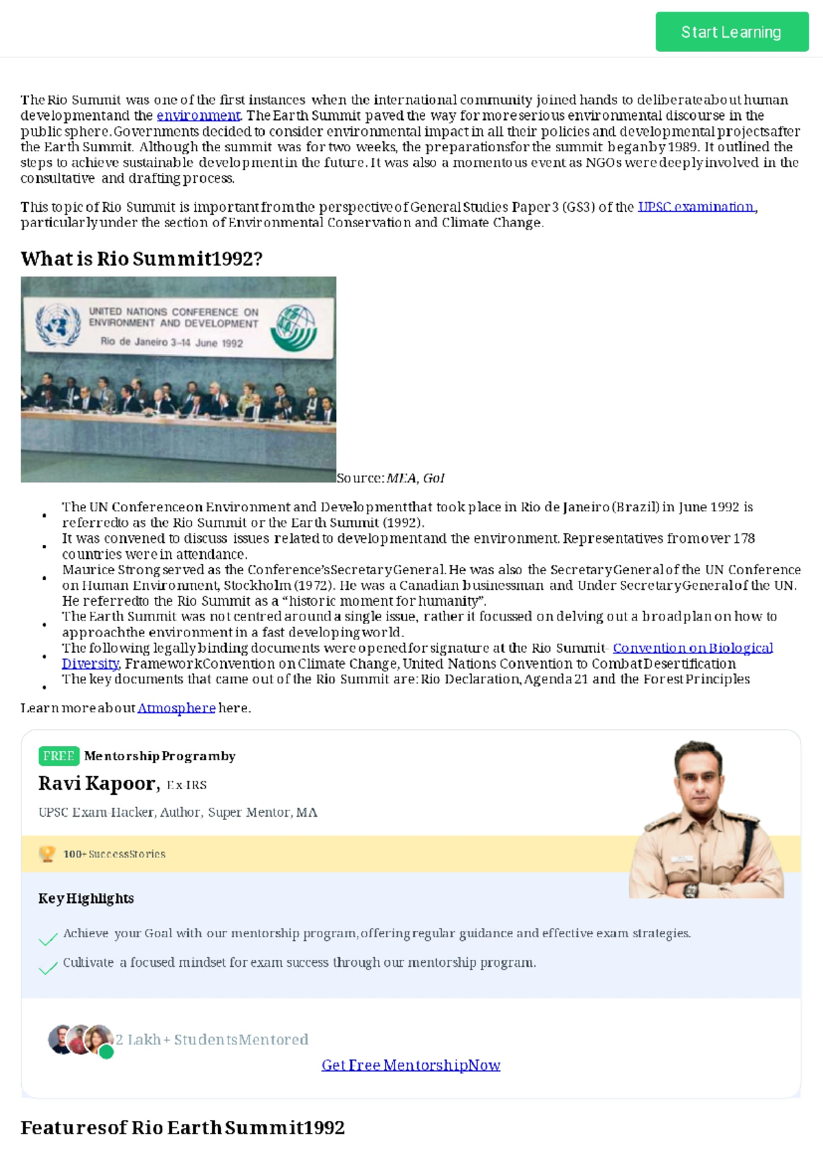 Rio Summit 1992 Features, Outcomes, & Importance UPSC Notes - Start ...