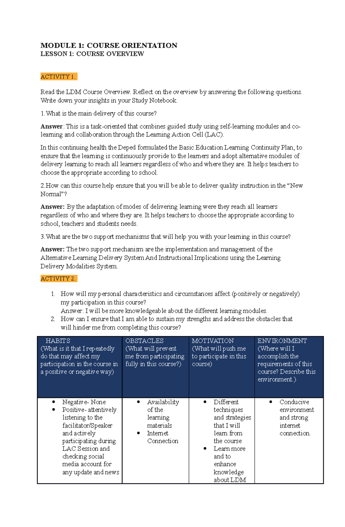 Activities - MODULE 1: COURSE ORIENTATION LESSON 1: COURSE OVERVIEW ...