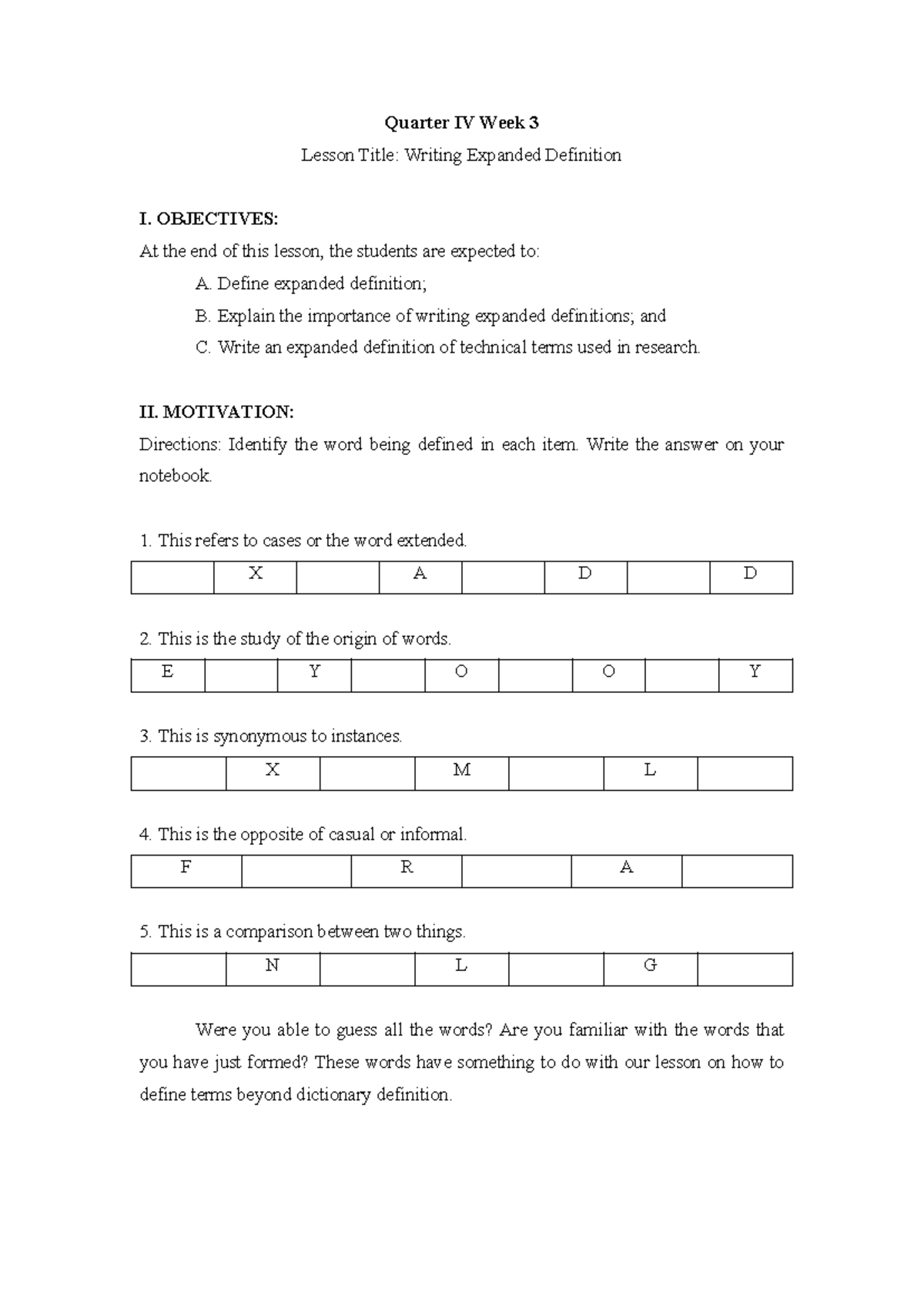Quarter-4-Week-3 - hdvdbb - Quarter IV Week 3 Lesson Title: Writing ...