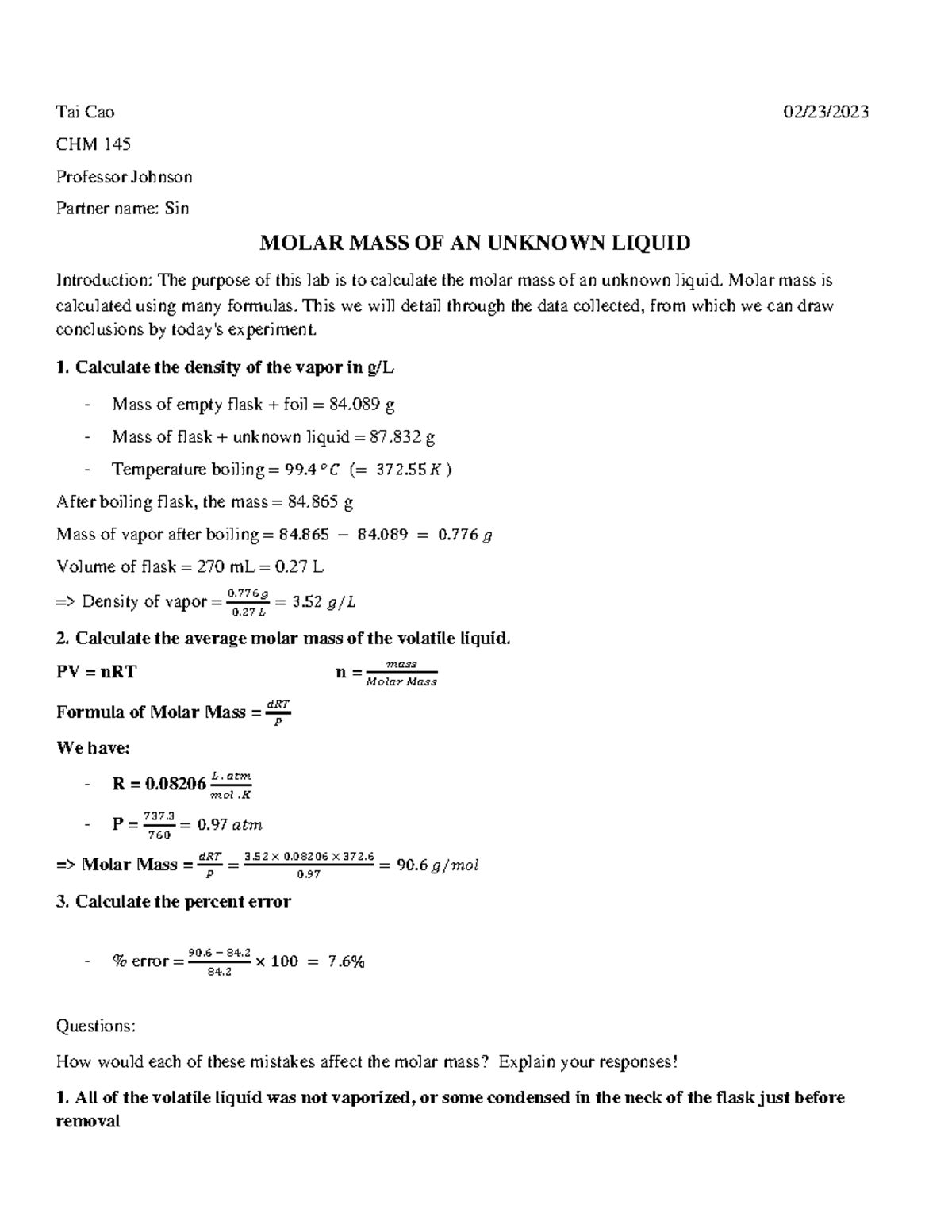 Molar Mass - Lab Report - Tai Cao 02/23/ CHM 145 Professor Johnson ...