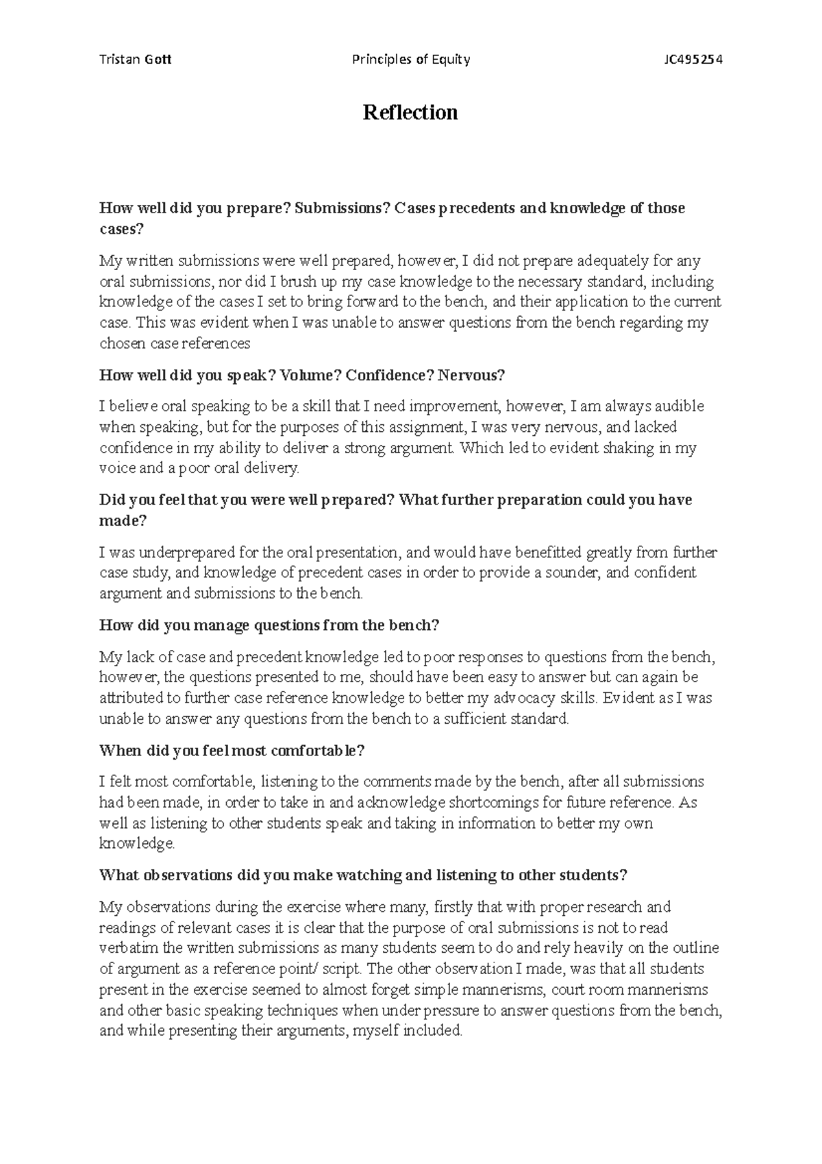 Equity reflection - assesment peice - Tristan Got Principles of Equity ...