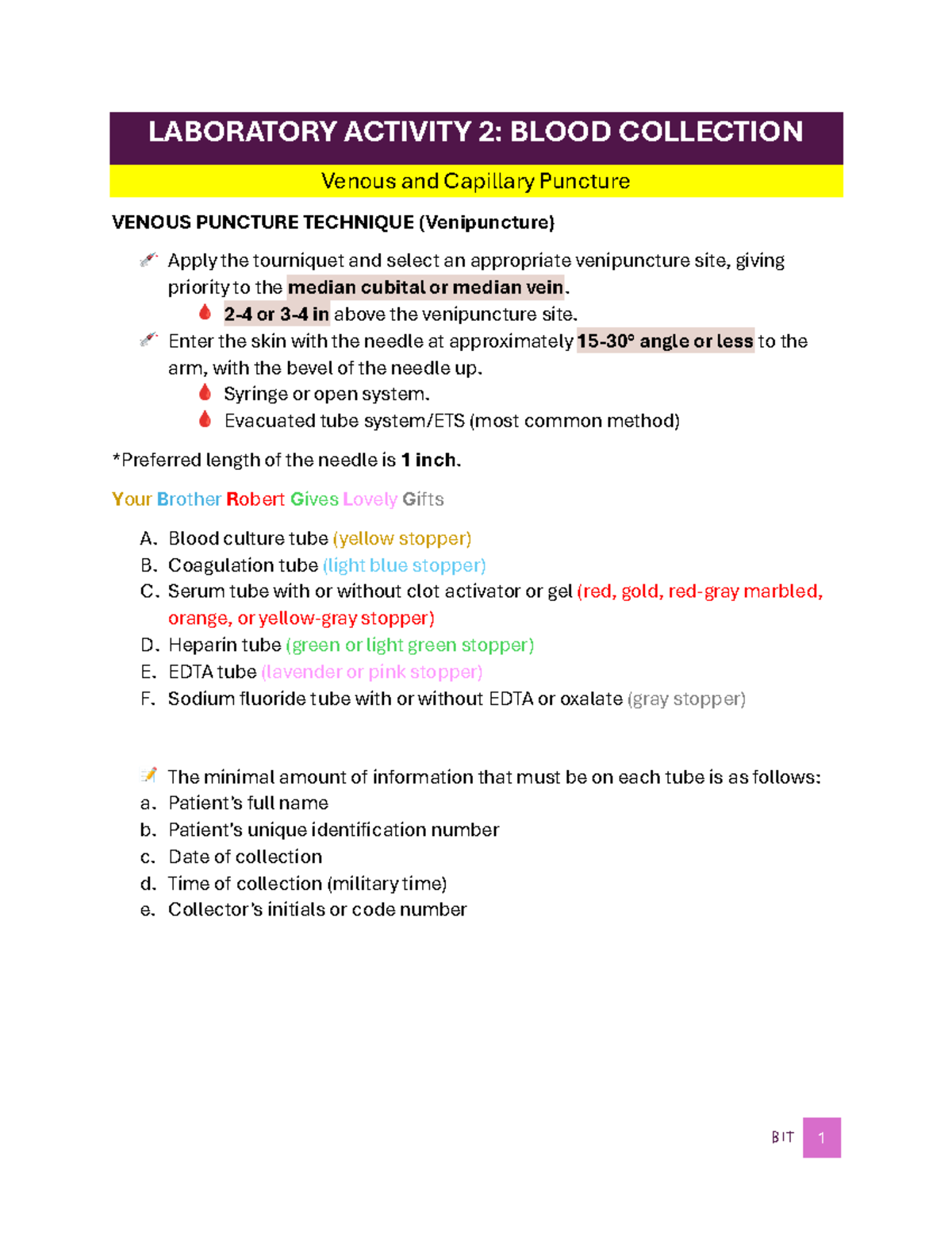 Laboratory 2: Blood Collection - LABORATORY ACTIVITY 2: BLOOD ...