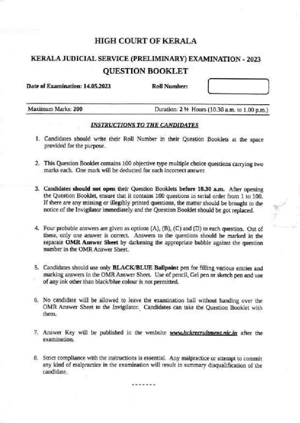 question paper of judiciary exam of the state of kerala practise ...