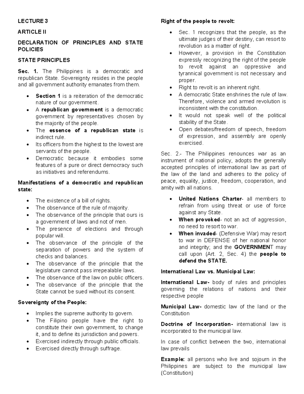 Philippine- Constitution- Reviewer - LECTURE 3 ARTICLE II DECLARATION ...