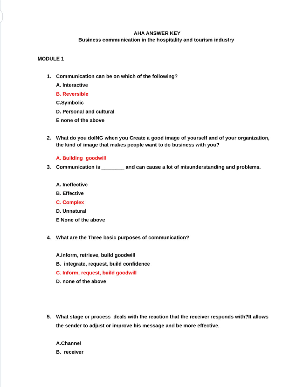 AHA Answer Module 1-10 - Business Communication in the Hospitality and ...