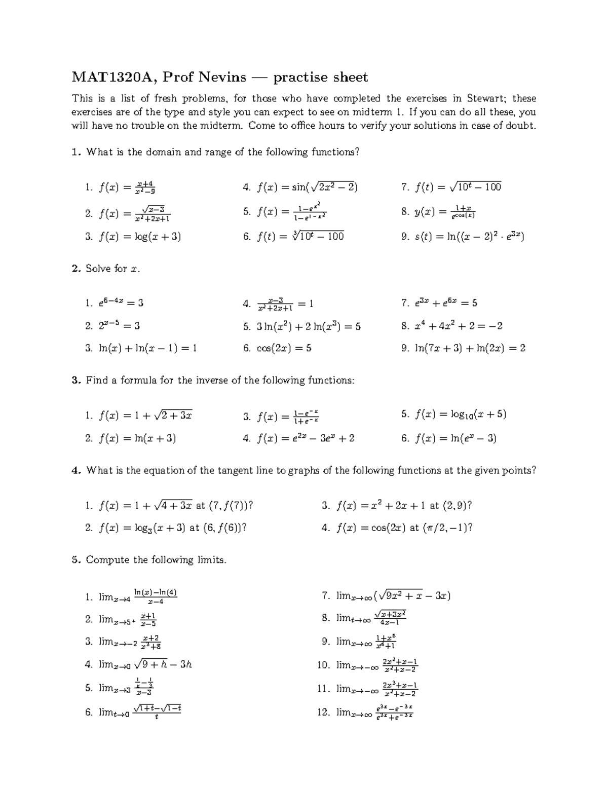 1320APractise Sheet mindterm - MAT1320A, Prof Nevins practise sheet ...