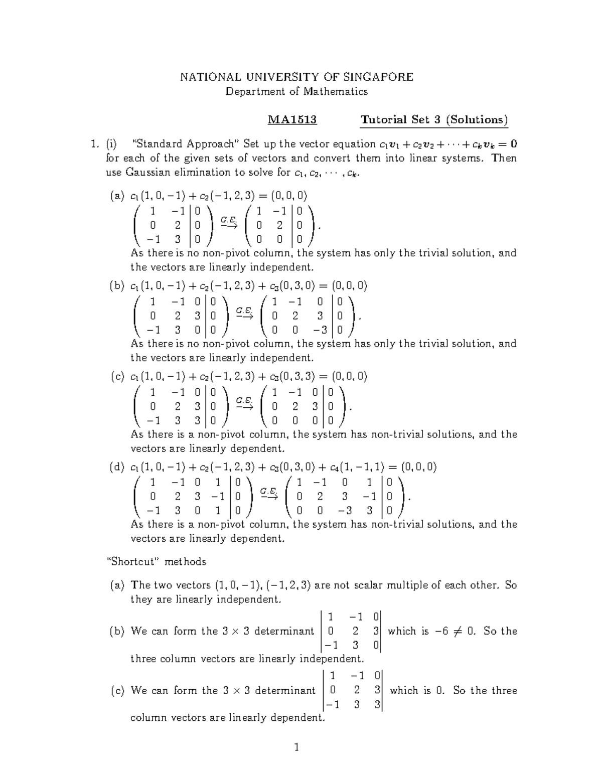 Tutorial Set 3 Solutions - NATIONAL UNIVERSITY OF SINGAPORE Department ...