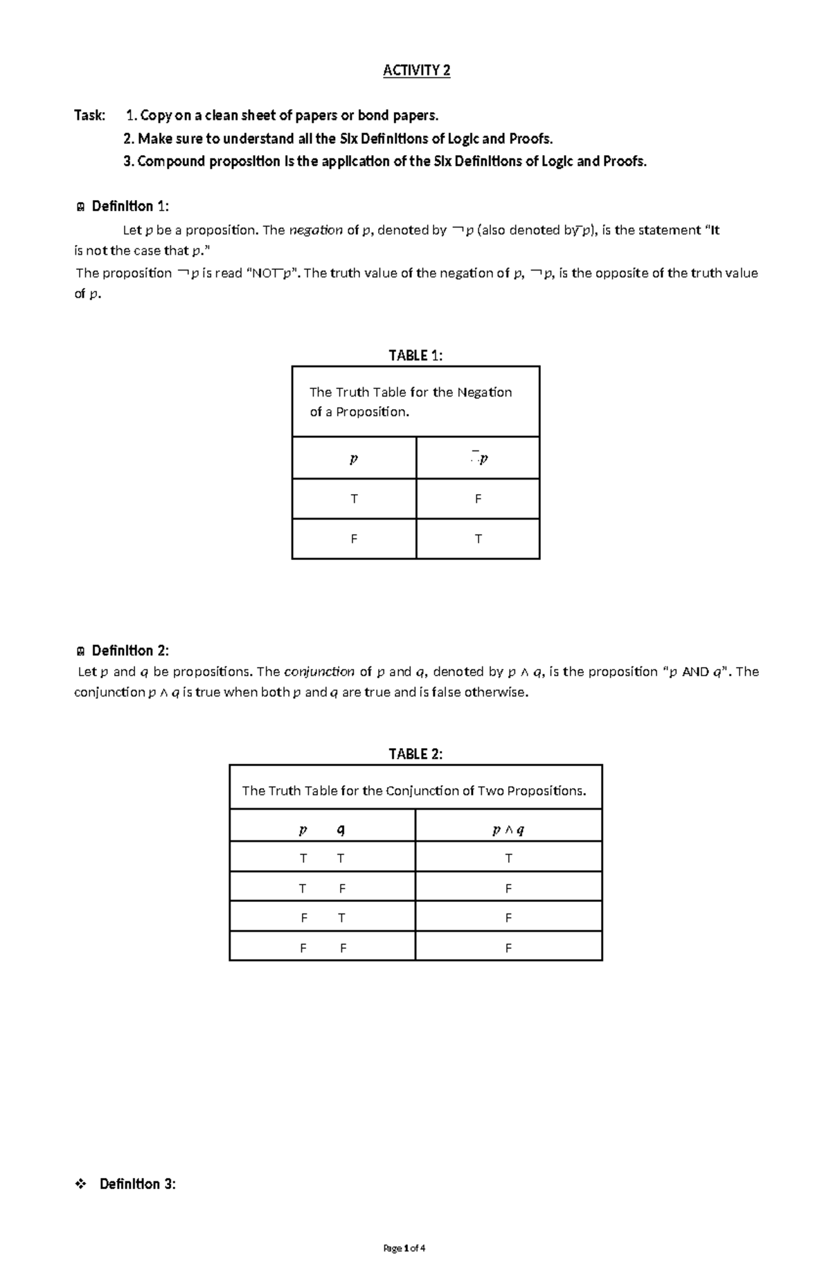 Activity 2 Logic and Proofs - ACTIVITY 2 Task: 1. Copy on a clean sheet ...