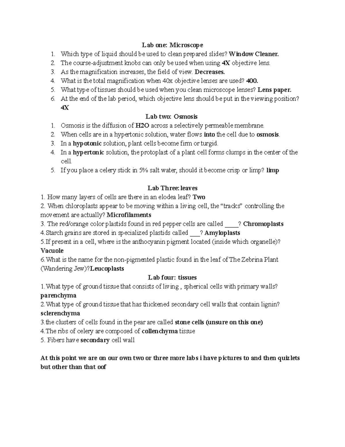 Botany lab questions - Lab one: Microscope Which type of liquid should ...