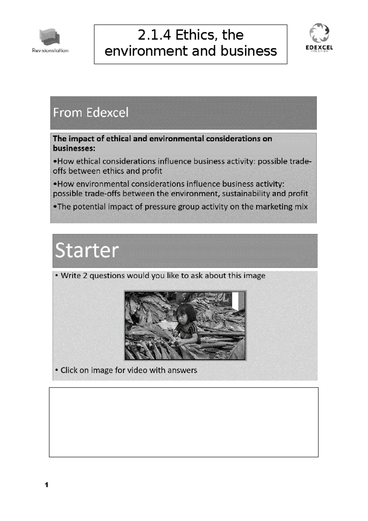 214 Student worksheet bno - 2.1 Ethics, the environment and business ...