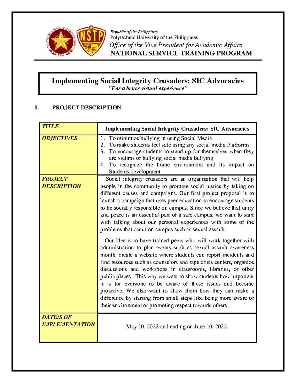 Implementing- Social- Integrity- Crusaders-SIC- Advocacies -NSTP ...