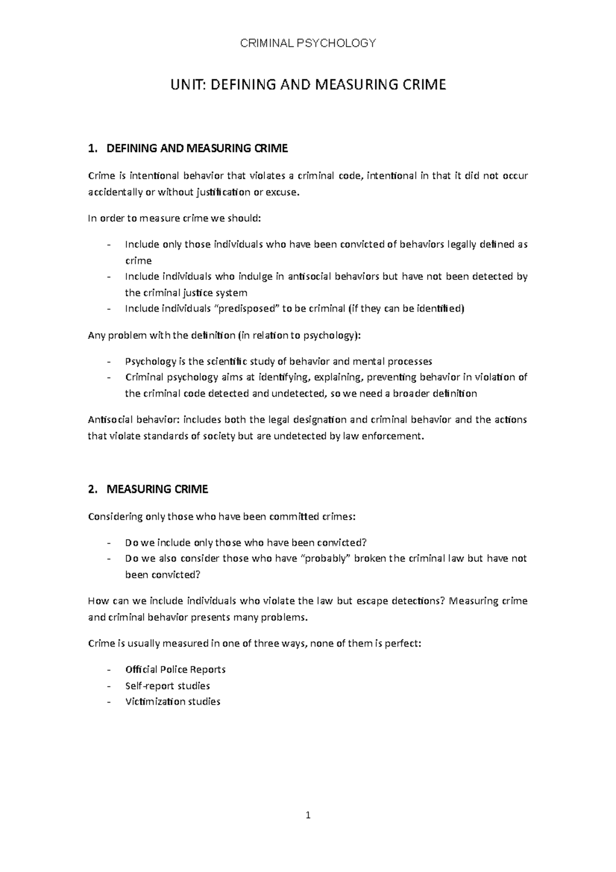 Defining and measuring crime - CRIMINAL PSYCHOLOGY UNIT: DEFINING AND ...