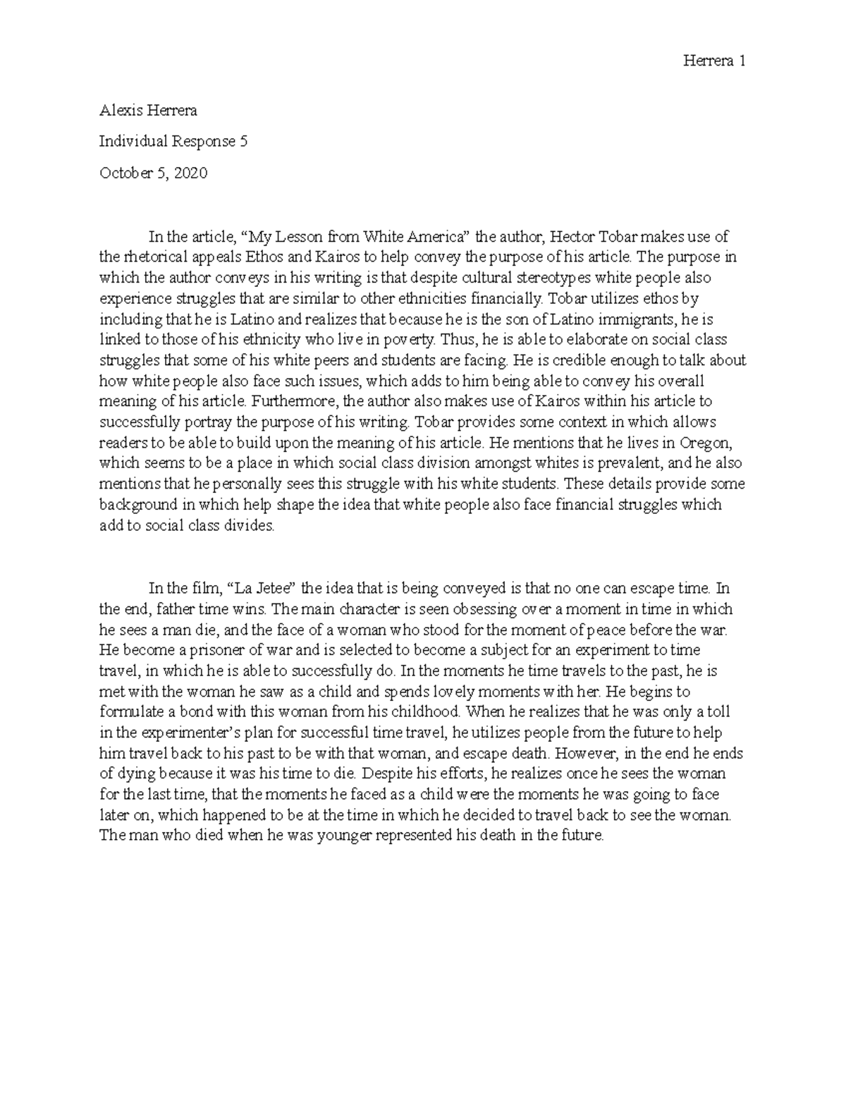 IR 5 - Individual Response assignment - Herrera 1 Alexis Herrera Individual Response 5 October 5 ...