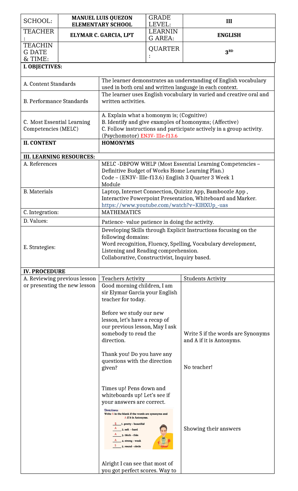 Lesson PLAN - SCHOOL: MANUEL LUIS QUEZON ELEMENTARY SCHOOL GRADE LEVEL ...