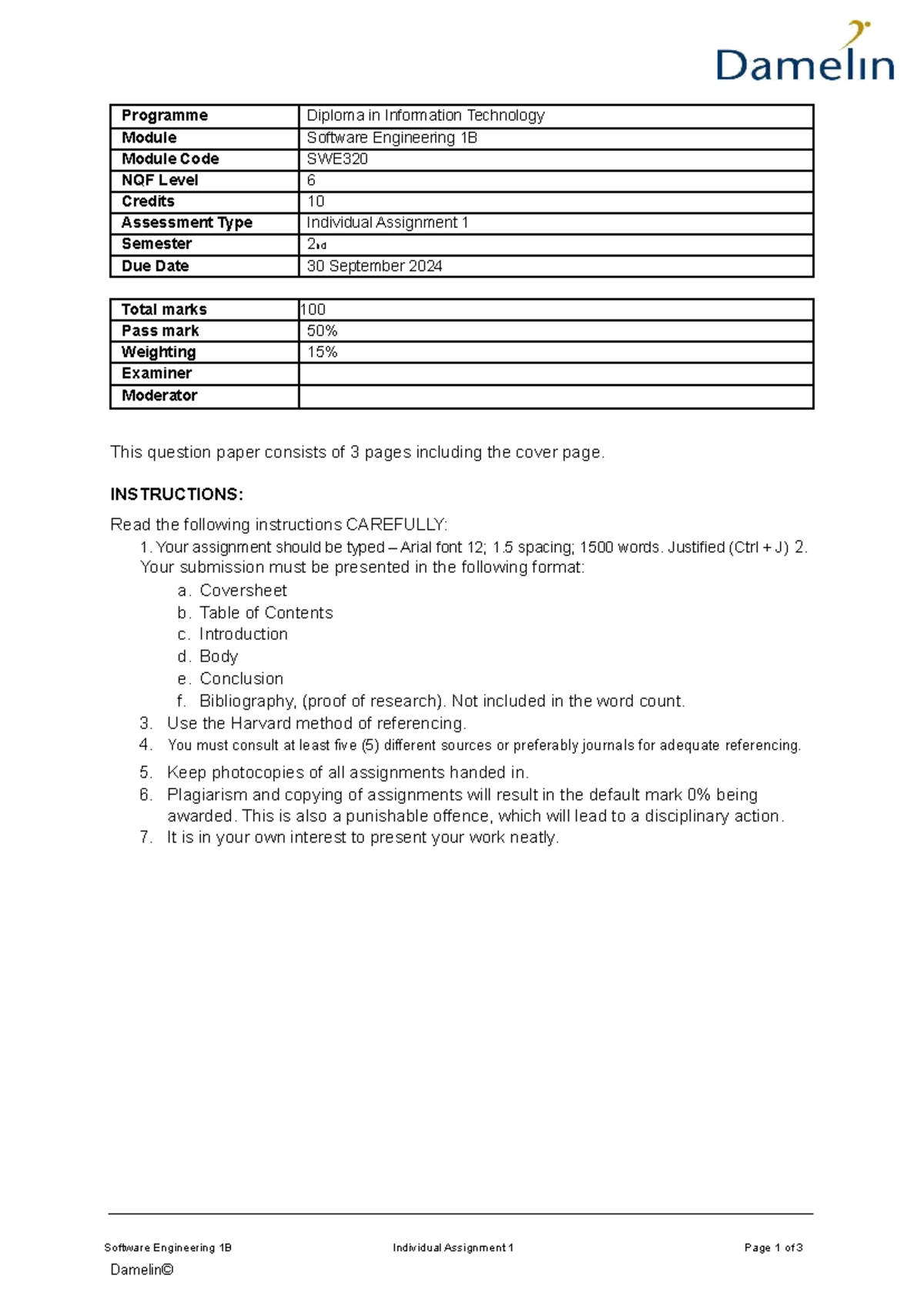 SWE 1B Individual Assignment 1 2024 - Programme Diploma in Information ...