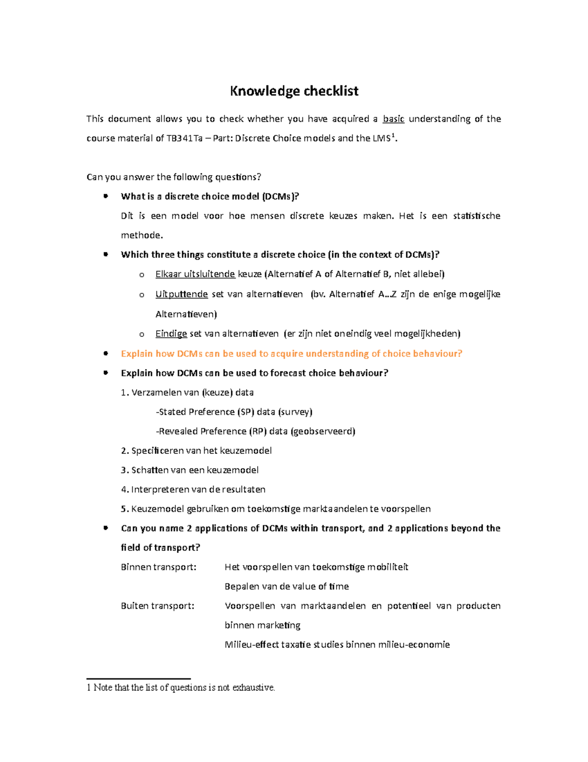 Knowledge checker Sander - Knowledge checklist This document allows you ...