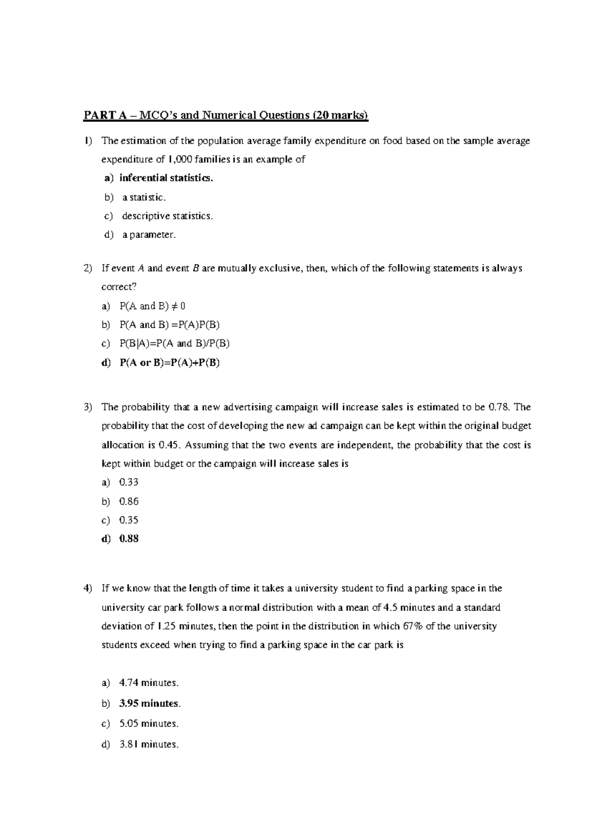 Mock Exam Solutions - PART A – MCQ’s and Numerical Questions (20 marks ...