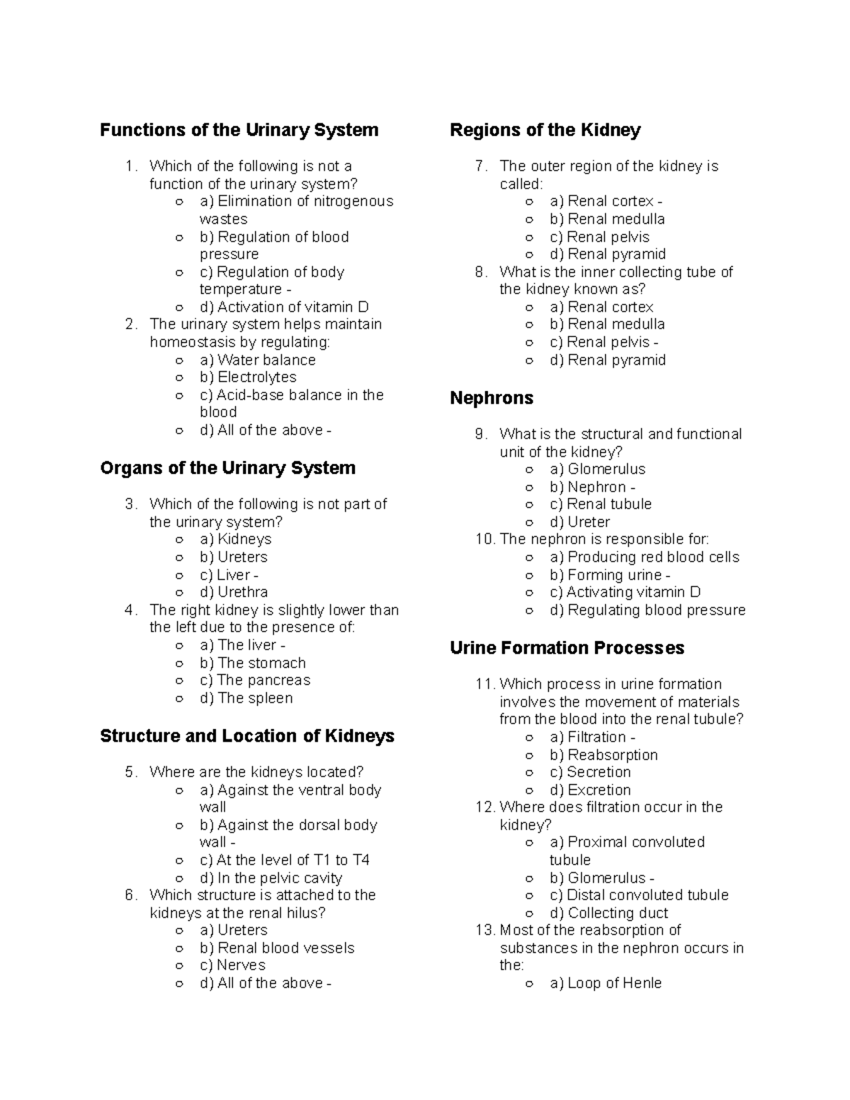 Urinary System Mock Exam - Functions of the Urinary System 1. Which of ...