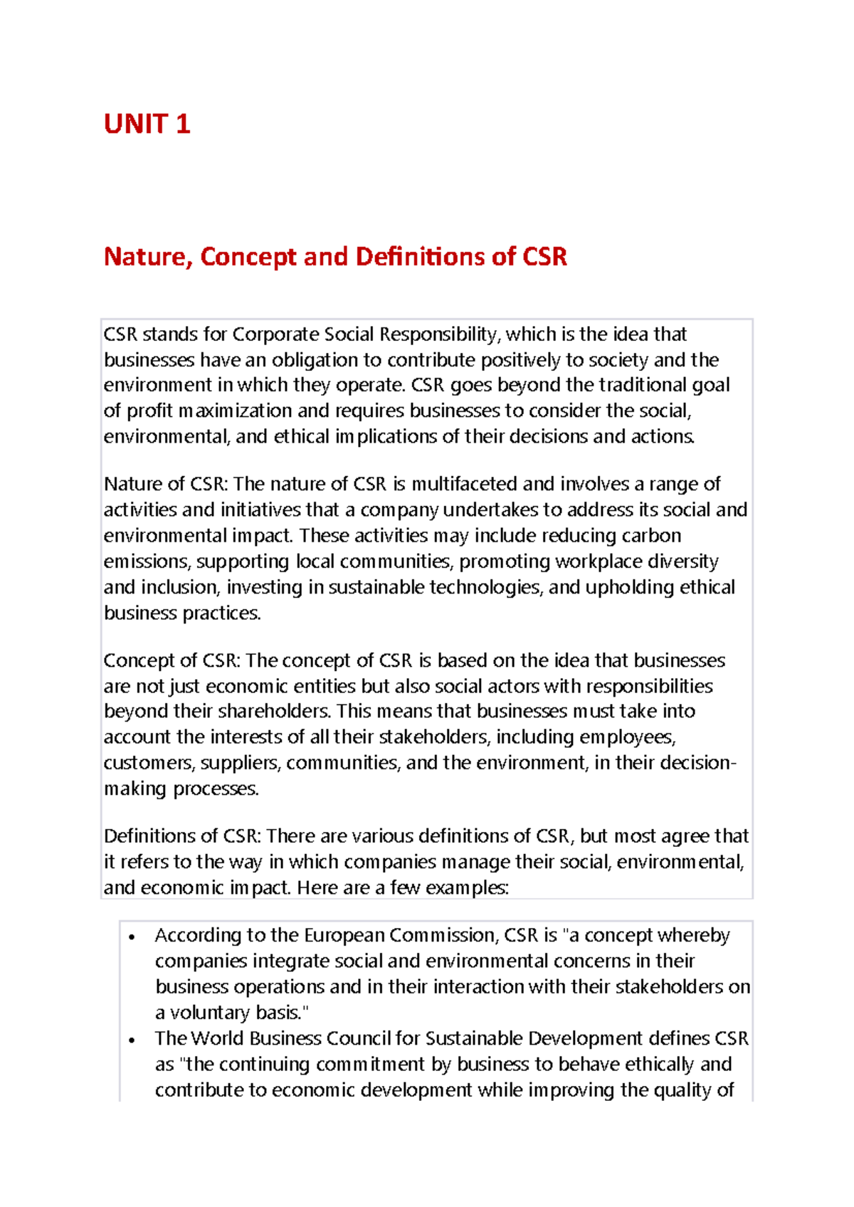 CSR notes - rgrgeg - UNIT 1 Nature, Concept and Definitions of CSR CSR ...