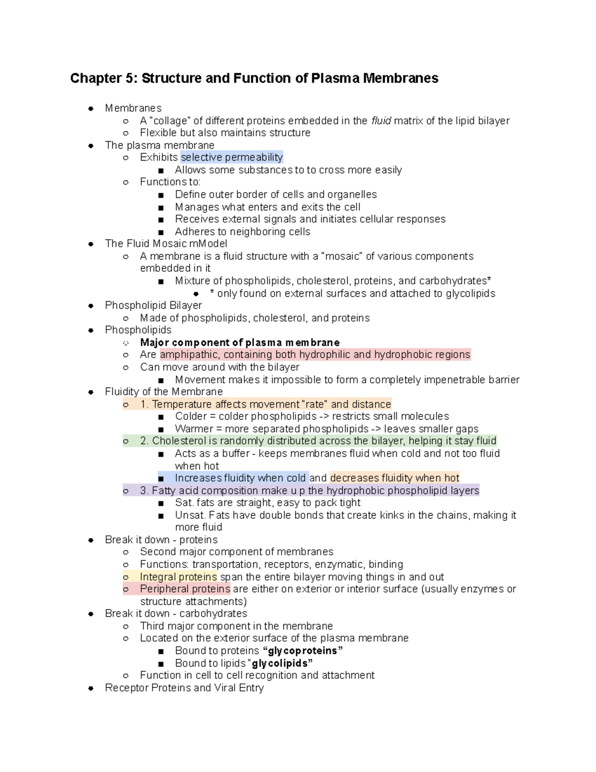 Bio 111 chap 5 - Dr. Angela Hawkins - Chapter 5: Structure and Function of Plasma Membranes ...