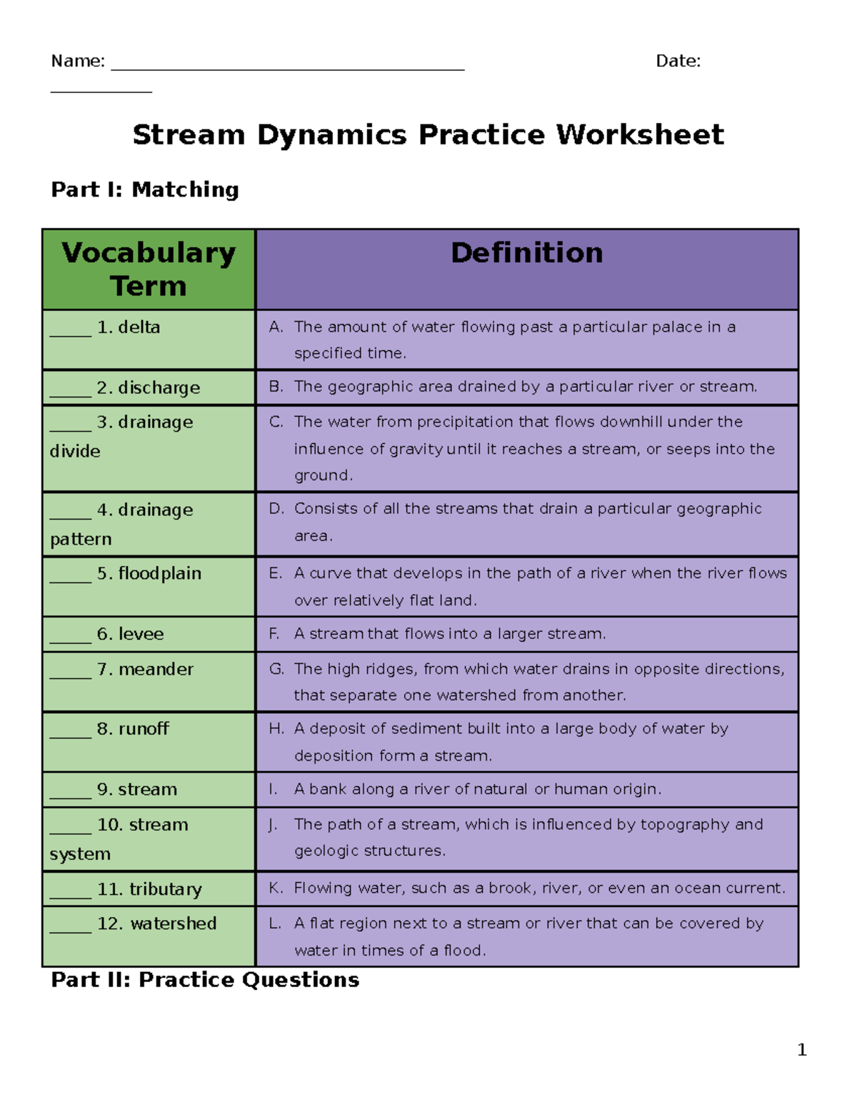 Stream Dynamics Homework - Name: __________________________________________ Date ...