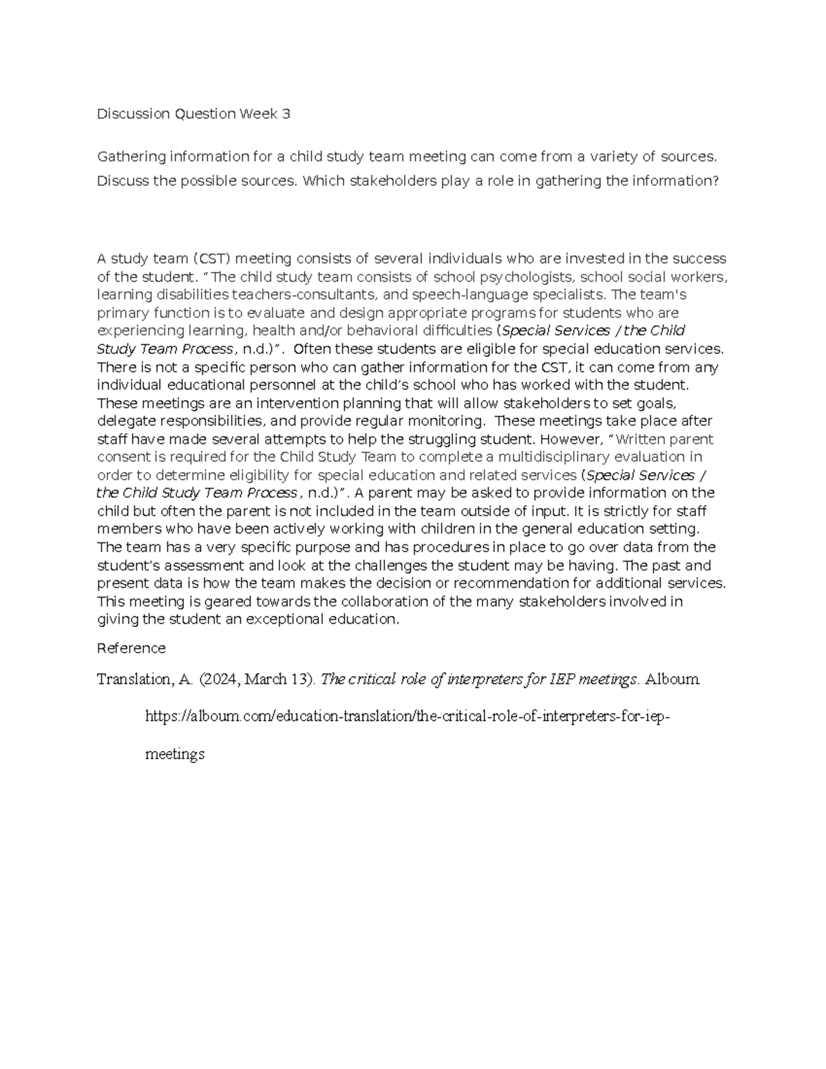 Upload Student - Discussion Question on (CST) Child Study Team ...